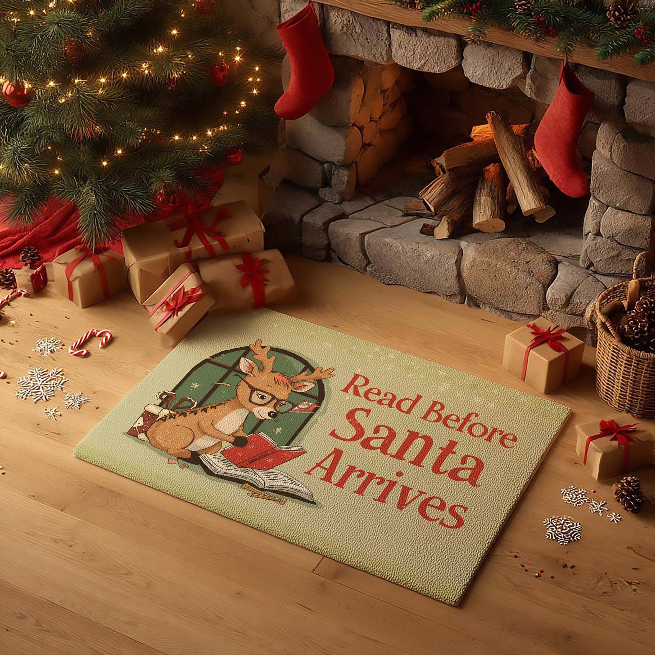Bookworm Reindeer Christmas Welcome Mat – Cozy Holiday Entry Mat